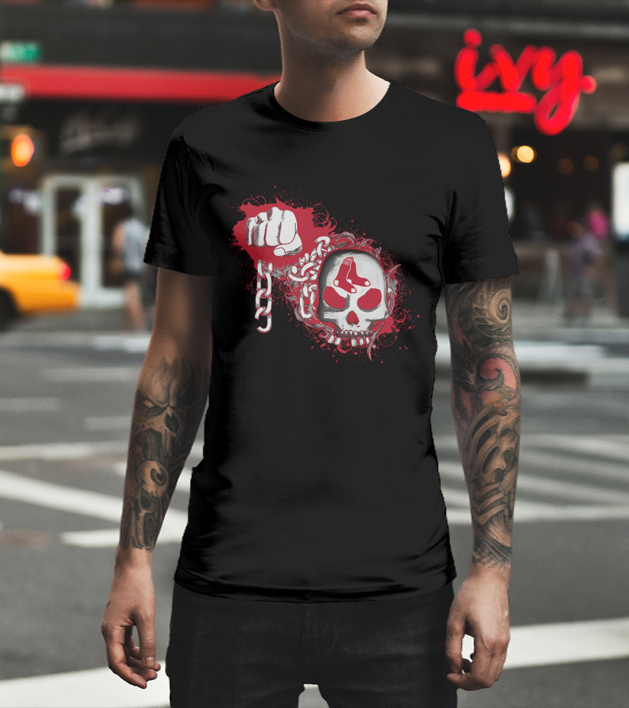Boston Red Sox Skull With Chains And Fist On Black T-Shirt