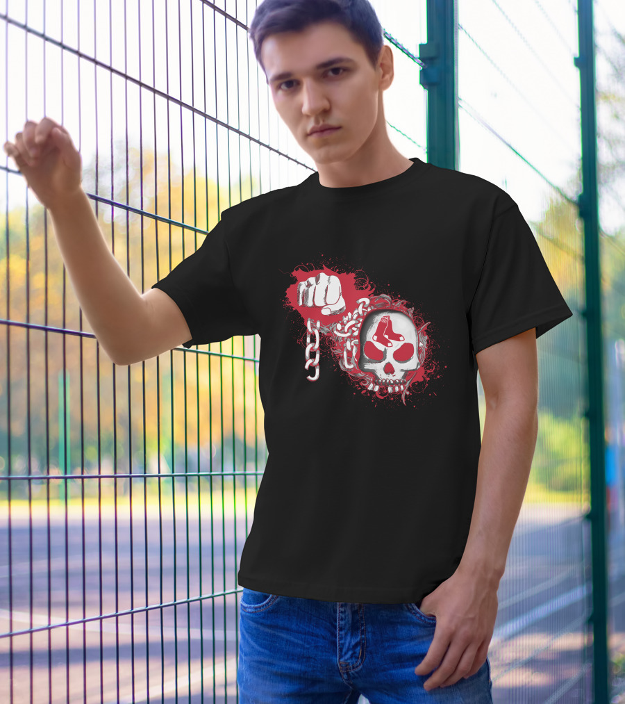 Boston Red Sox Skull With Chains And Fist On Black T-Shirt