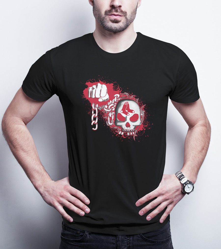 Boston Red Sox Skull With Chains And Fist On Black T-Shirt
