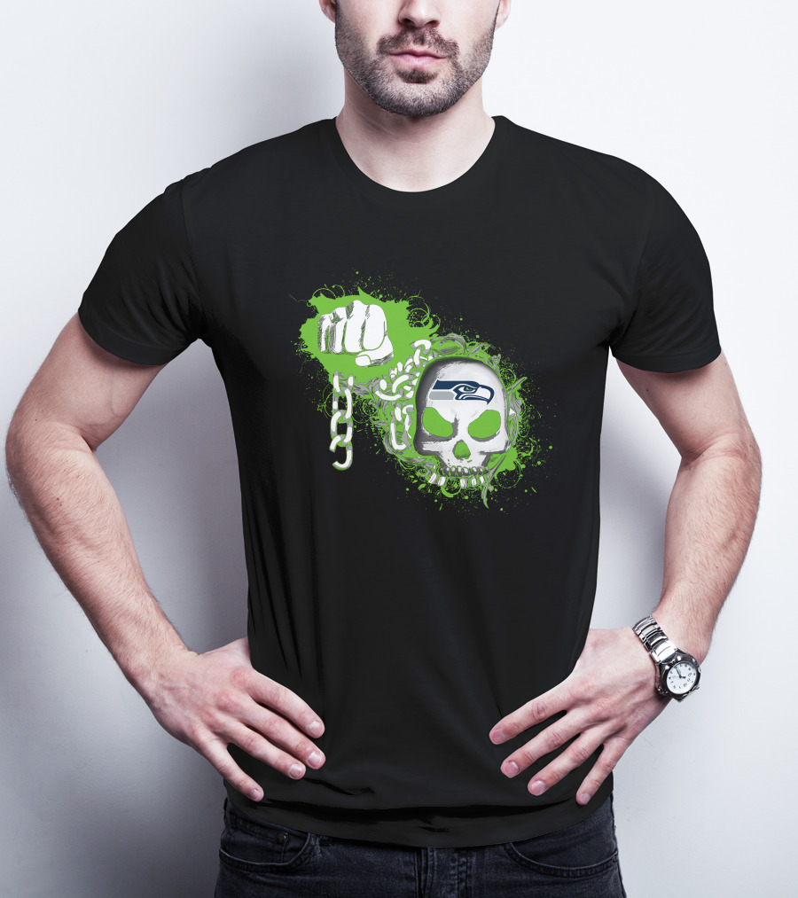 Seattle Seahawks Skull With Green Splatter And Chain Fist T-Shirt