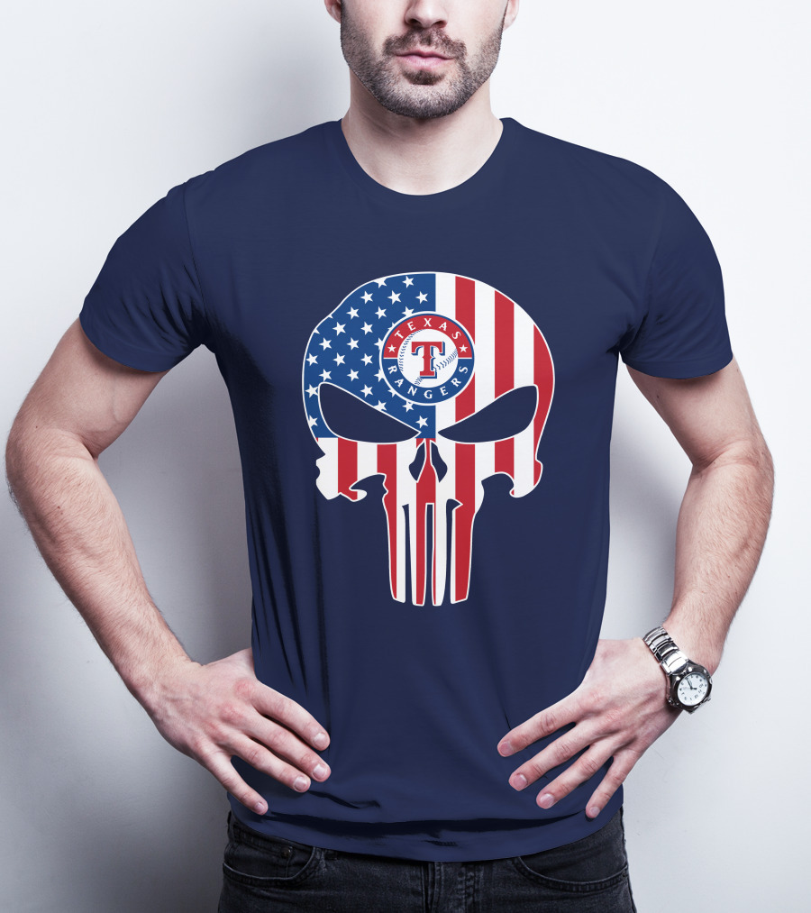 Texas Rangers Punisher Skull American Flag T-Shirt