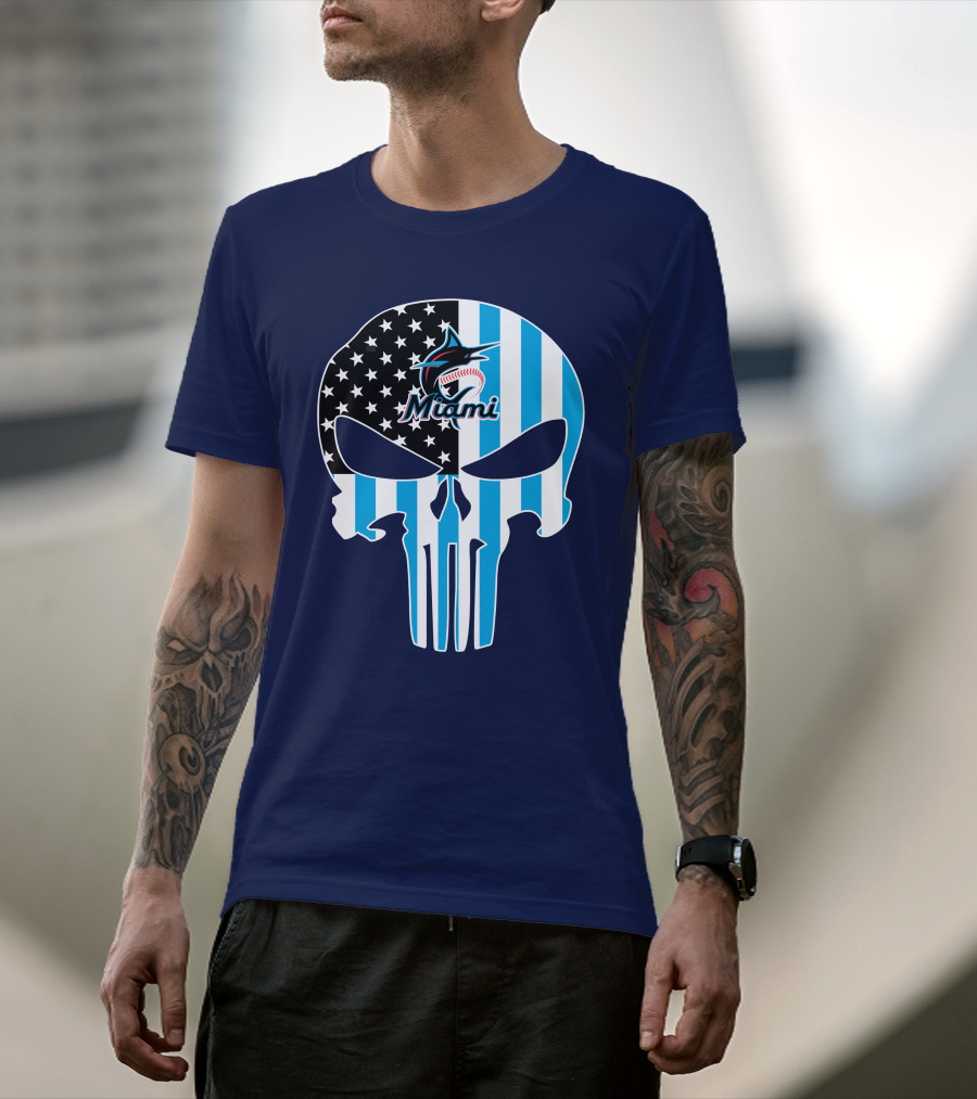 Miami Marlins Punisher Skull American Flag Fusion T-Shirt