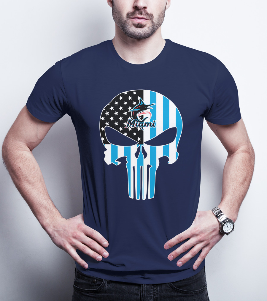 Miami Marlins Punisher Skull American Flag Fusion T-Shirt