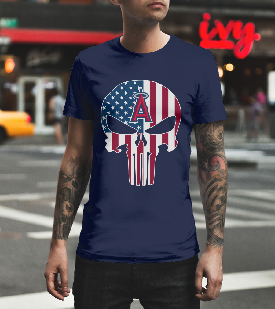 Los Angeles Angels Punisher Skull American Flag T-Shirt