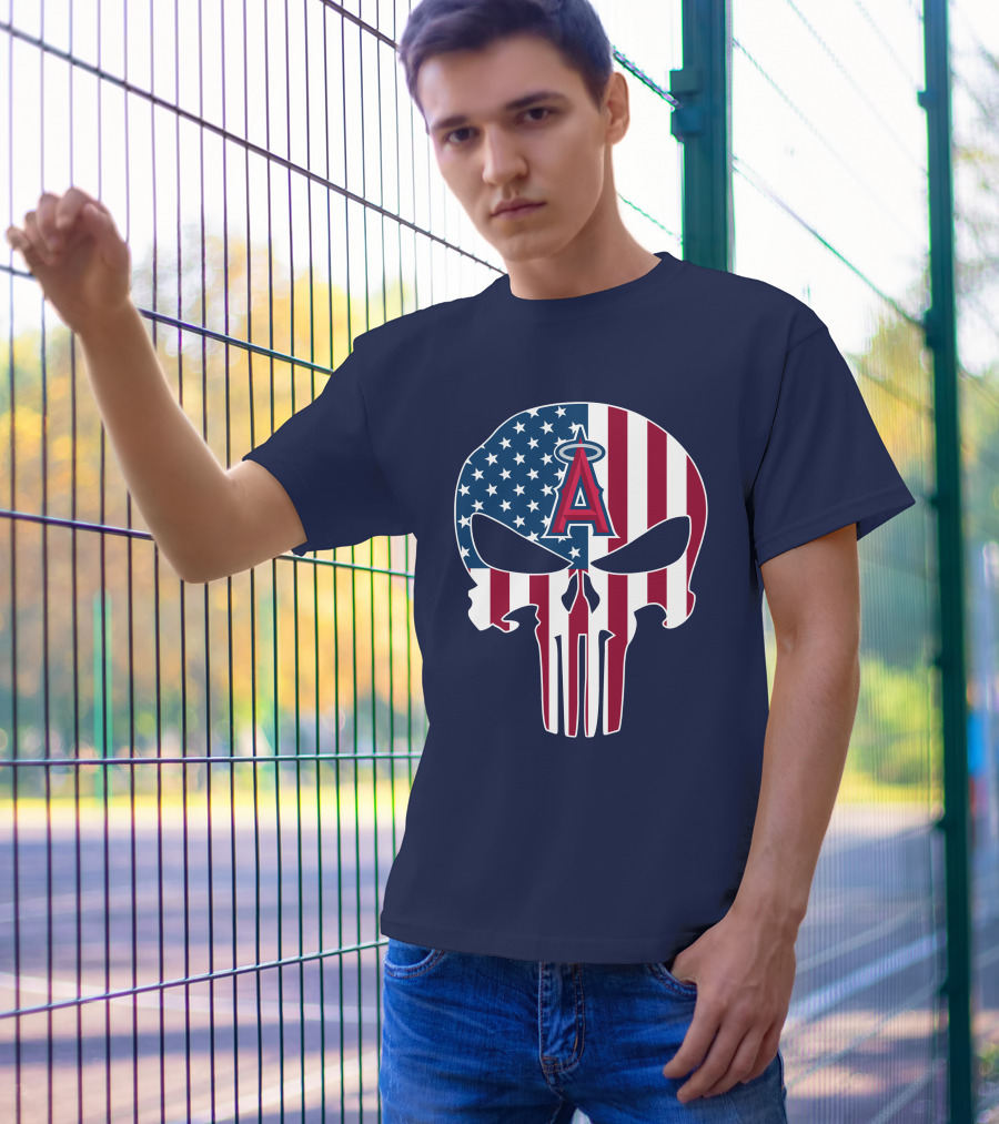 Los Angeles Angels Punisher Skull American Flag T-Shirt