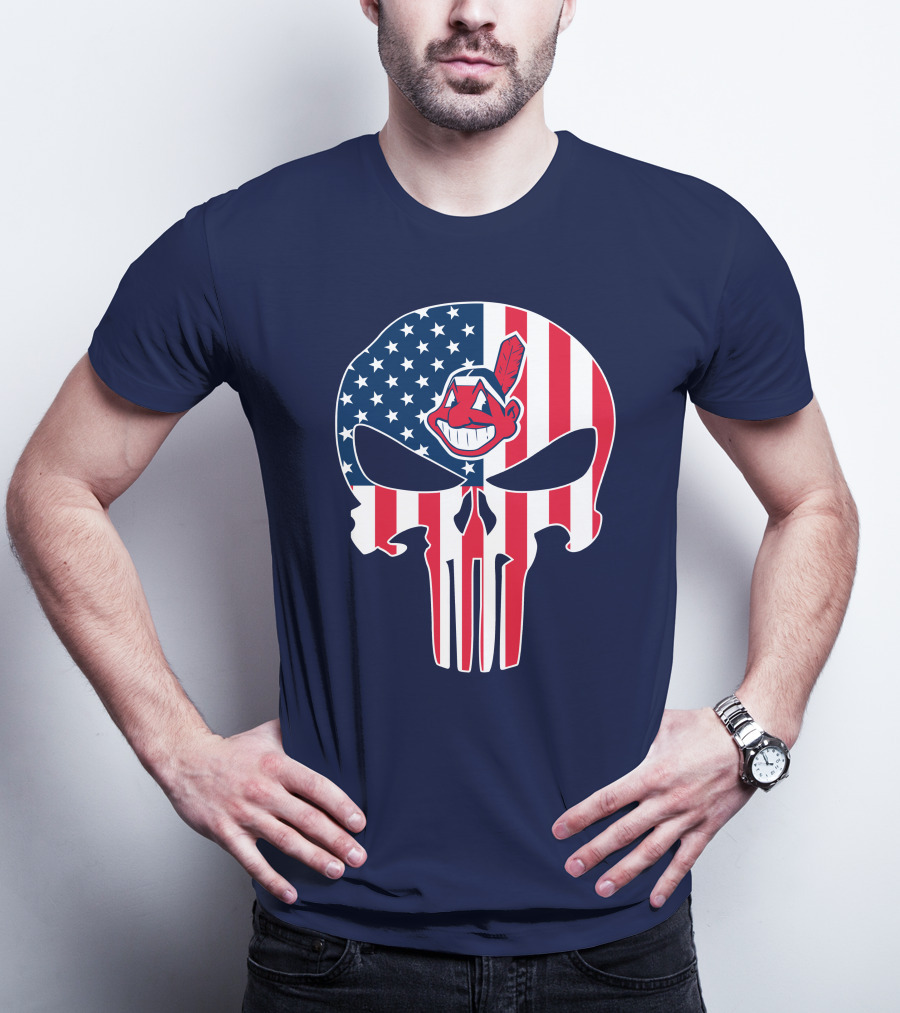 Indians The Punisher Skull American Flag Red White Blue T-Shirt