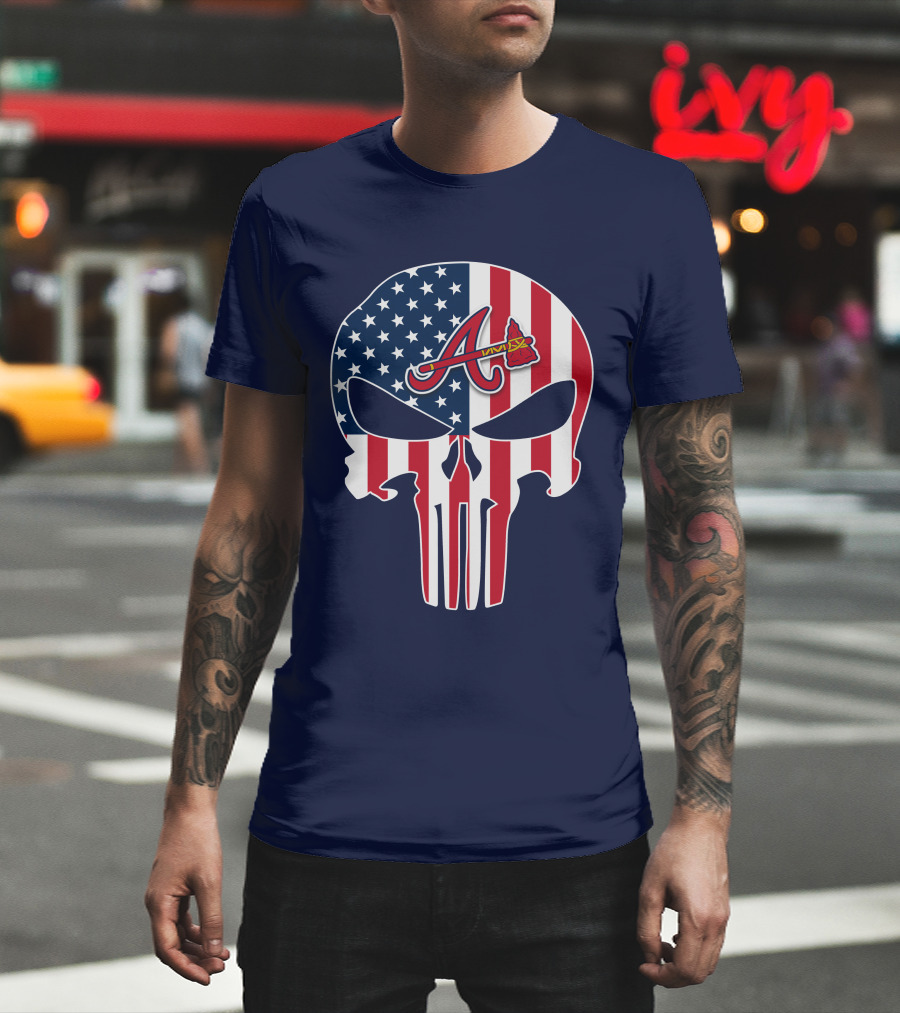 Atlanta Braves Punisher Skull American Flag T-Shirt