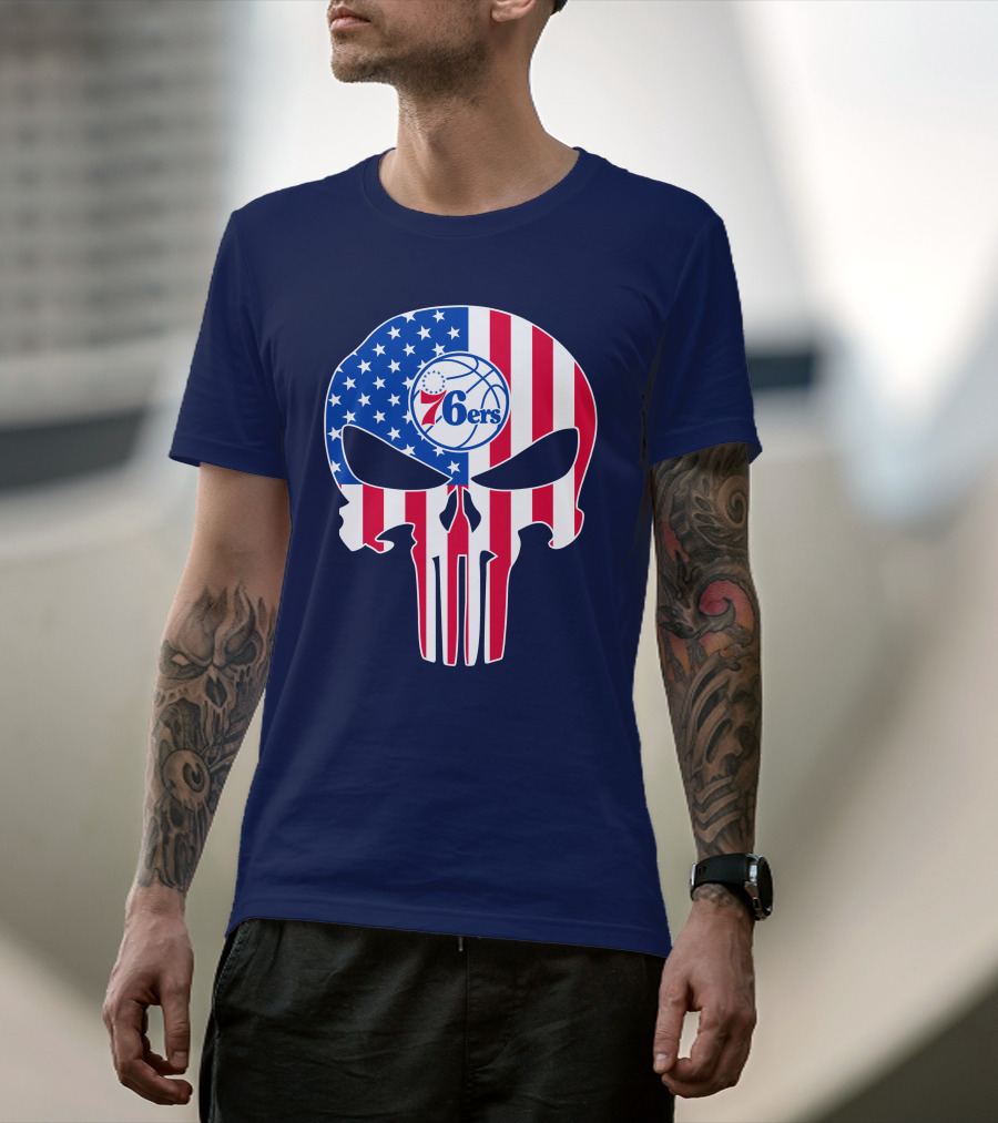 Philadelphia 76ers American Flag Punisher Style Skull T-Shirt