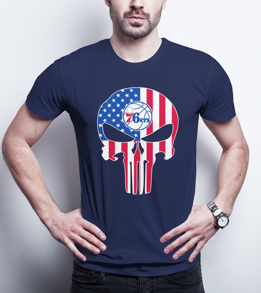 Philadelphia 76ers American Flag Punisher Style Skull T-Shirt