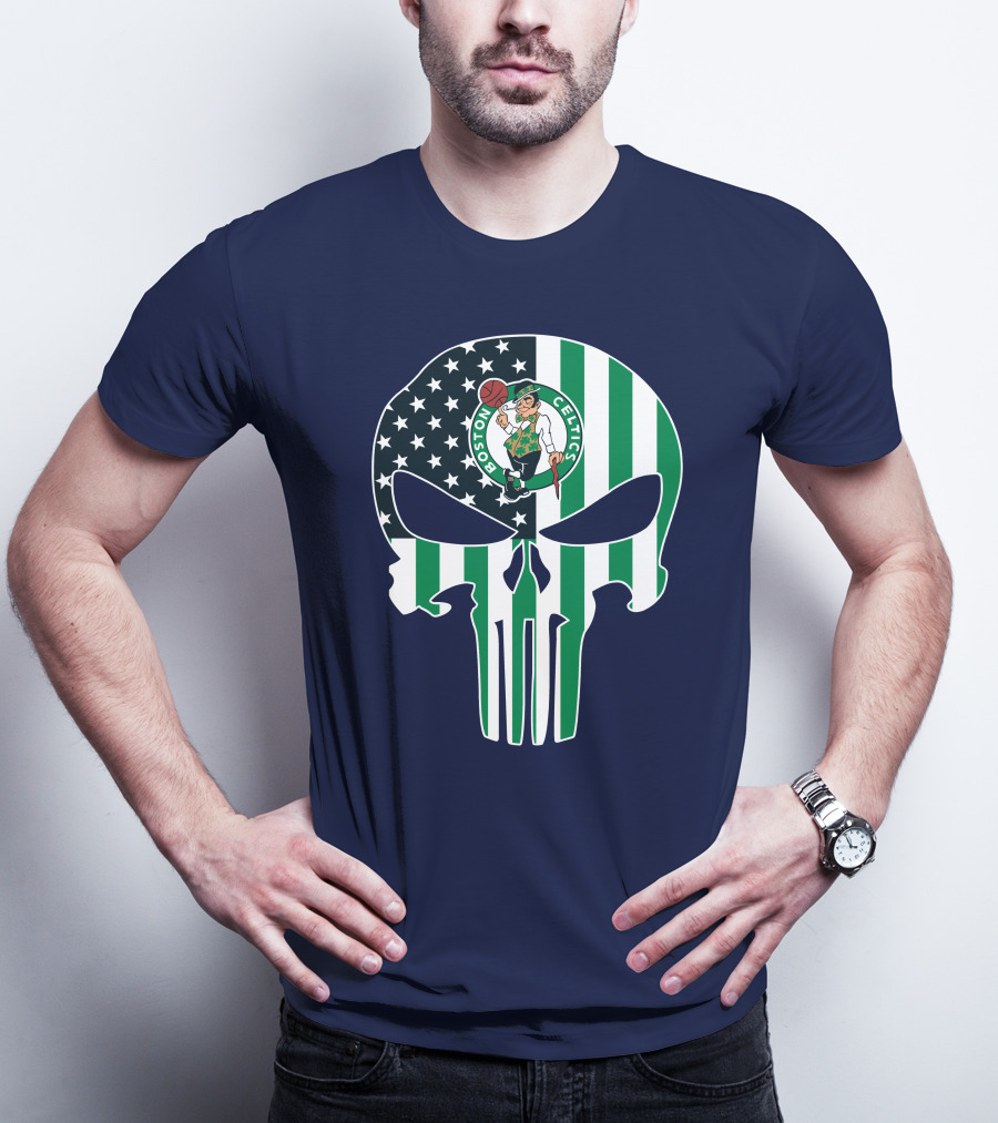 Boston Celtics Punisher Logo American Flag Skull T-Shirt