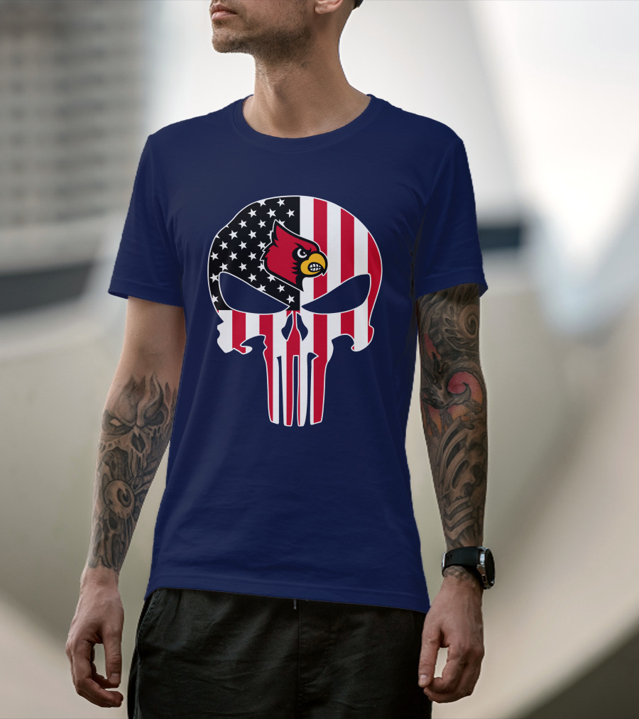American Flag Punisher Skull Louisville Cardinals T-Shirt