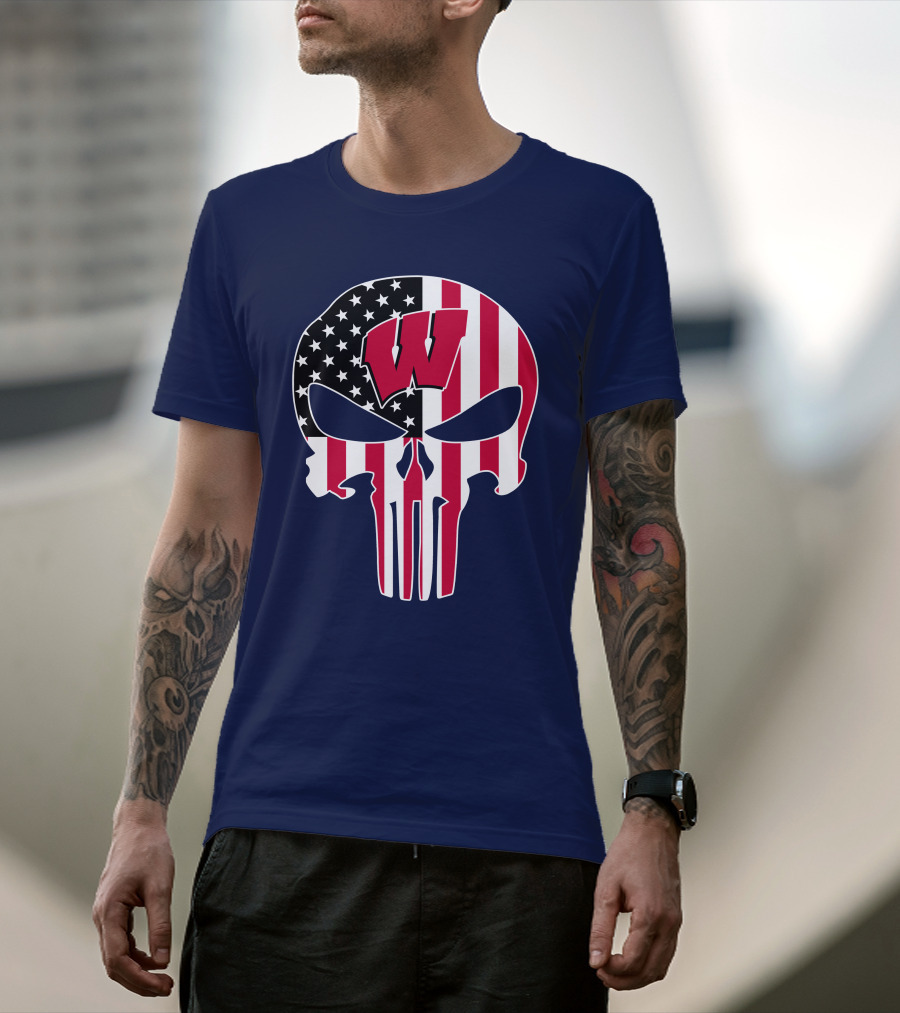 Wisconsin Badgers Punisher Skull American Flag T-Shirt