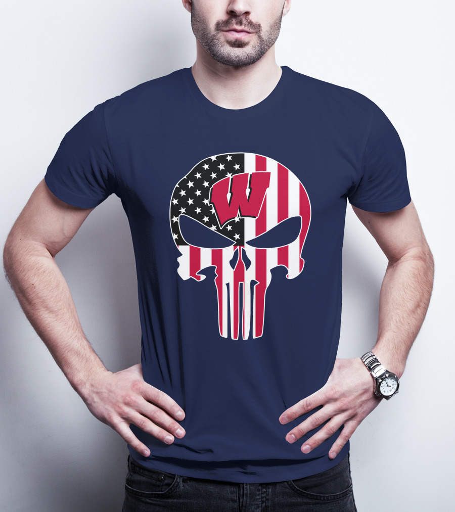 Wisconsin Badgers Punisher Skull American Flag T-Shirt