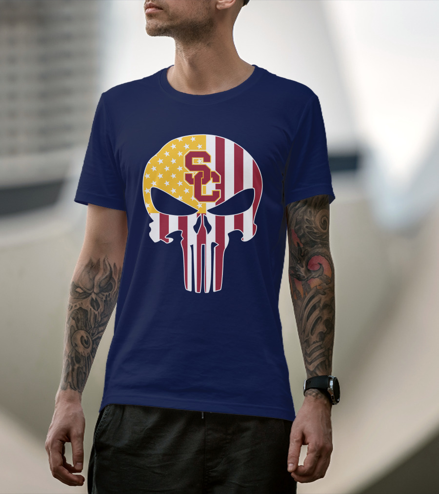 Usc Trojans Skull Punisher American Flag T-Shirt