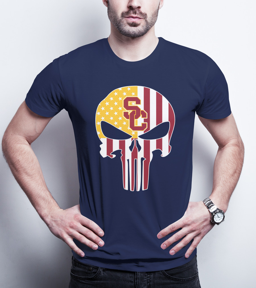 Usc Trojans Skull Punisher American Flag T-Shirt