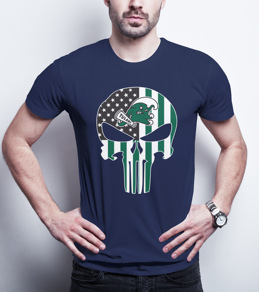 Tulane Green Wave 16 Punisher Flag Skull T-Shirt