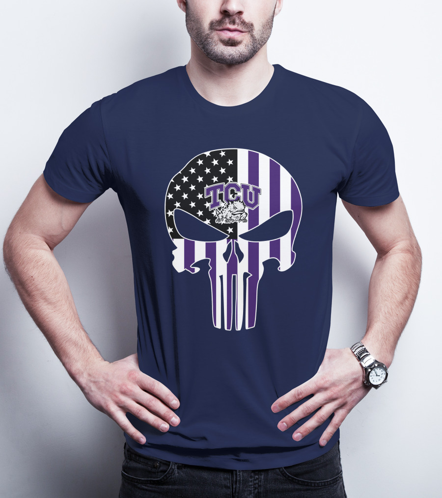 Tcu Horned Frogs Logo With American Flag Punisher Skull T-Shirt