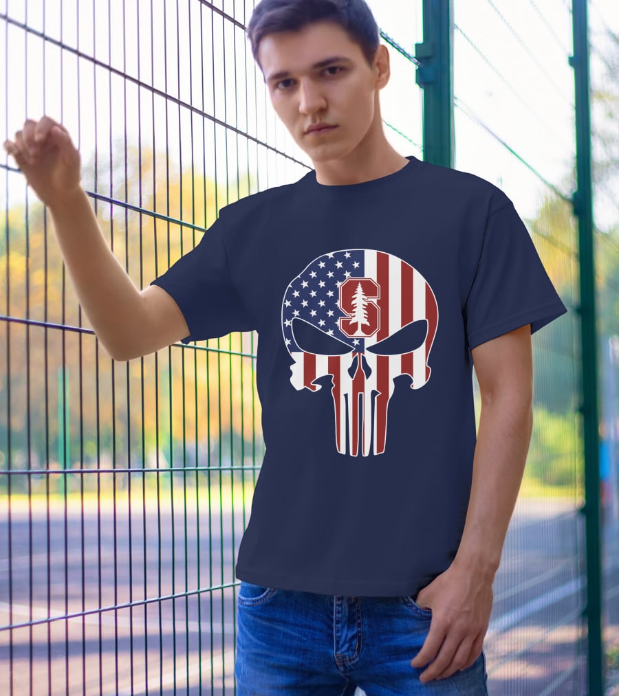 Stanford Cardinal Punisher Skull American Flag T-Shirt