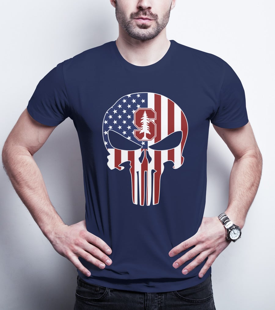 Stanford Cardinal Punisher Skull American Flag T-Shirt