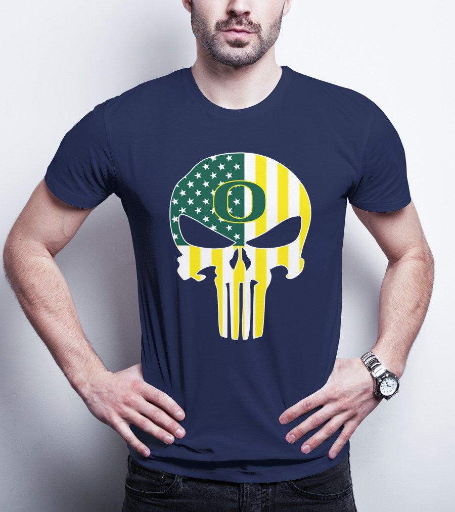 Oregon Ducks Punisher Skull American Flag T-Shirt