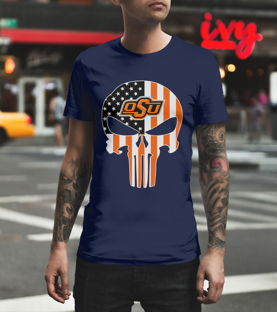 Oklahoma State Cowboys 32 Punisher Skull Osu American Flag T-Shirt