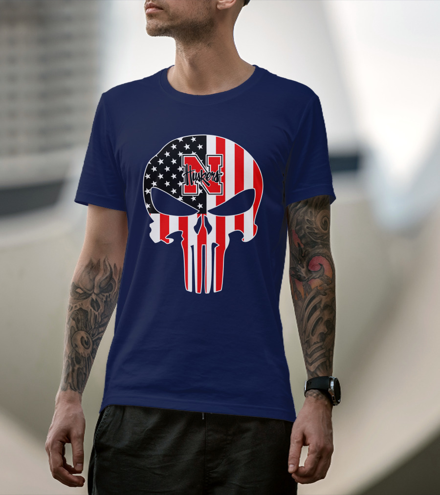 Nebraska Cornhuskers Punisher Skull American Flag T-Shirt