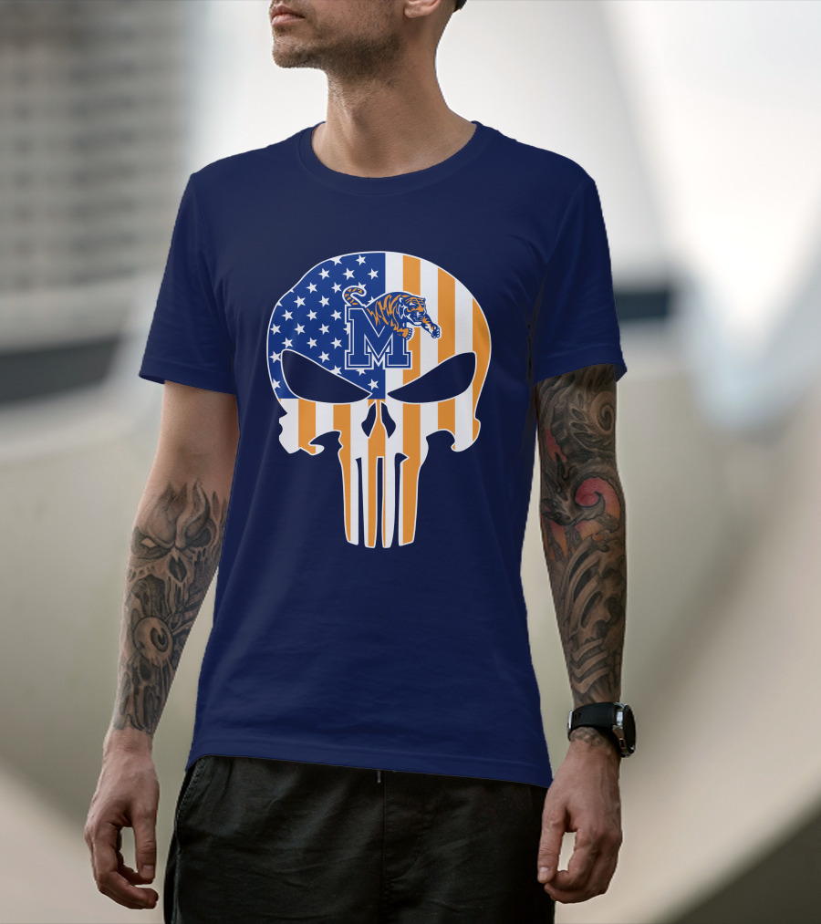 Memphis Tigers Punisher Skull Usa Flag Sports T-Shirt