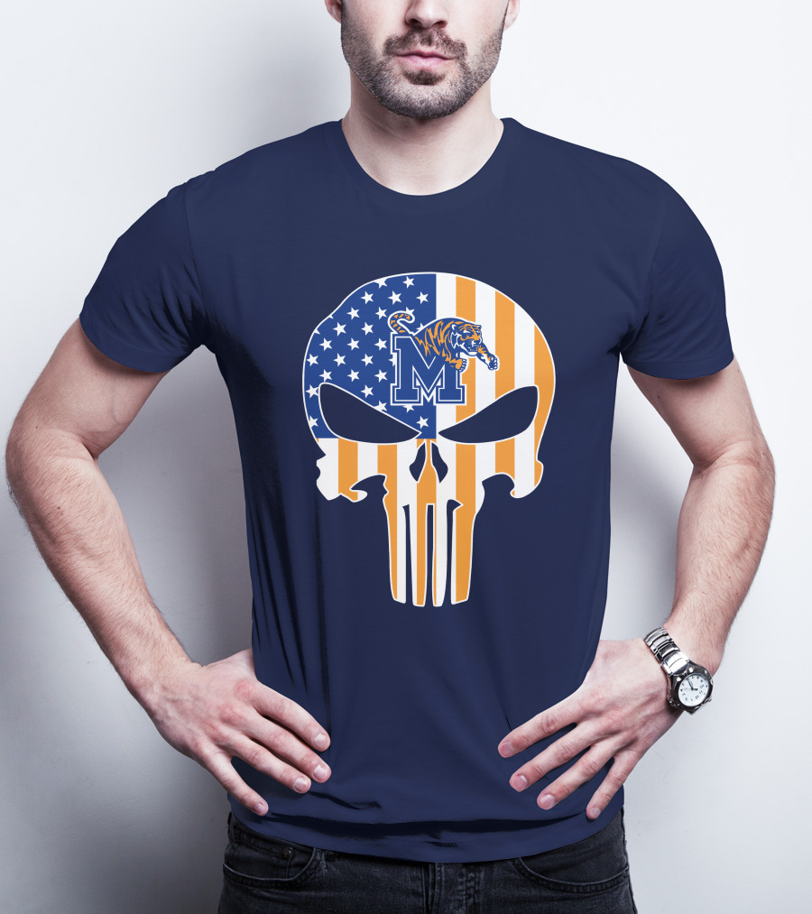 Memphis Tigers Punisher Skull Usa Flag Sports T-Shirt