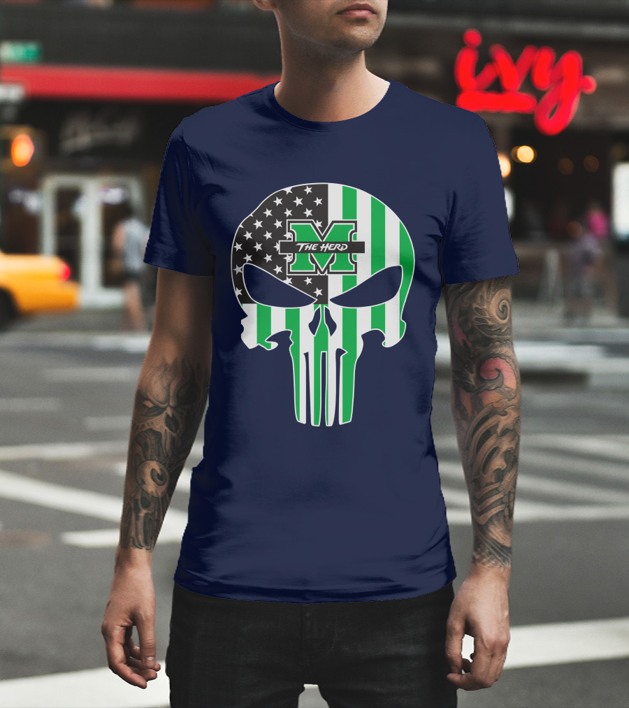 Marshall Thundering Herd The Punisher American Flag Skull T-Shirt