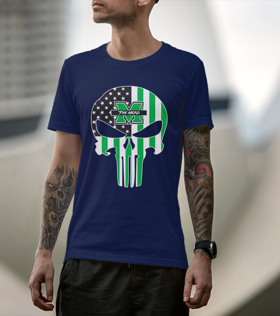 Marshall Thundering Herd The Punisher American Flag Skull T-Shirt