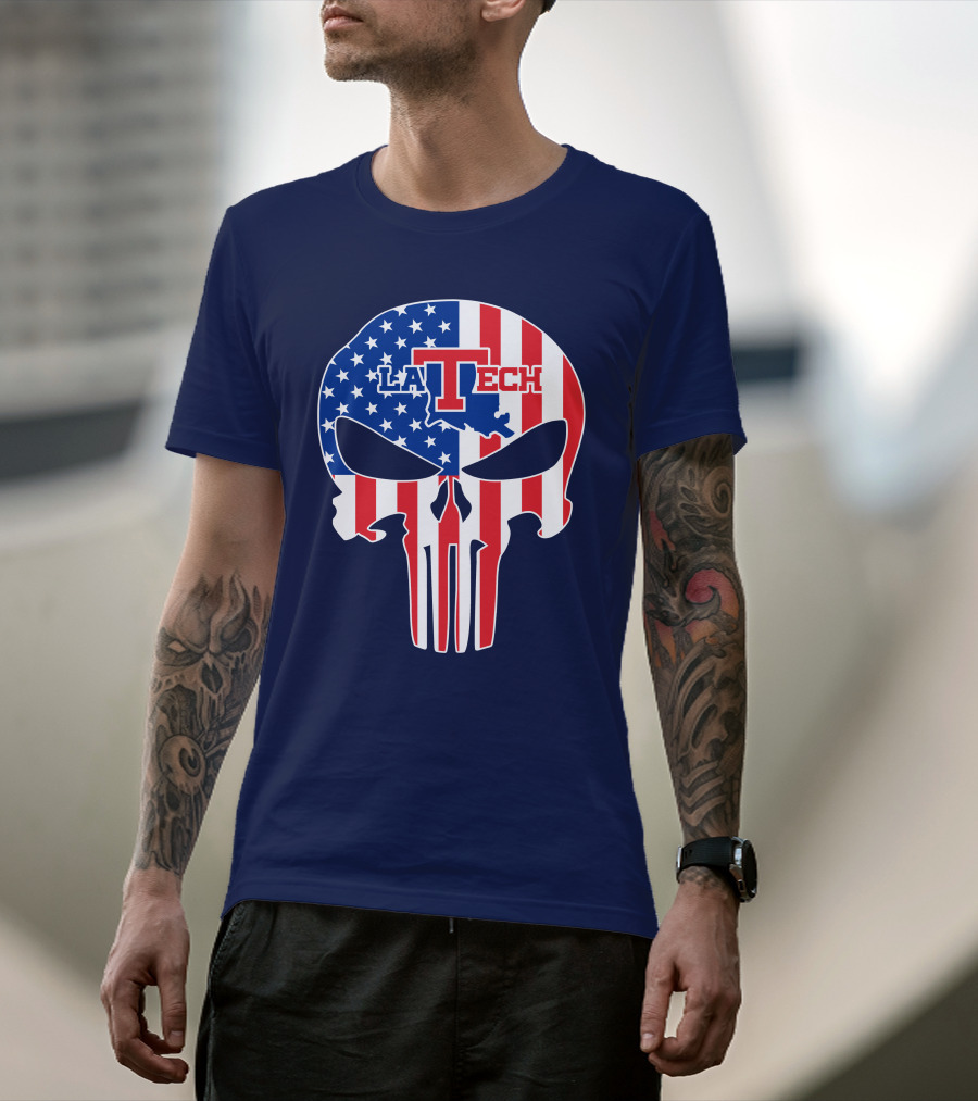 Louisiana Tech Bulldogs La Tech Skull American Flag Punisher T-Shirt