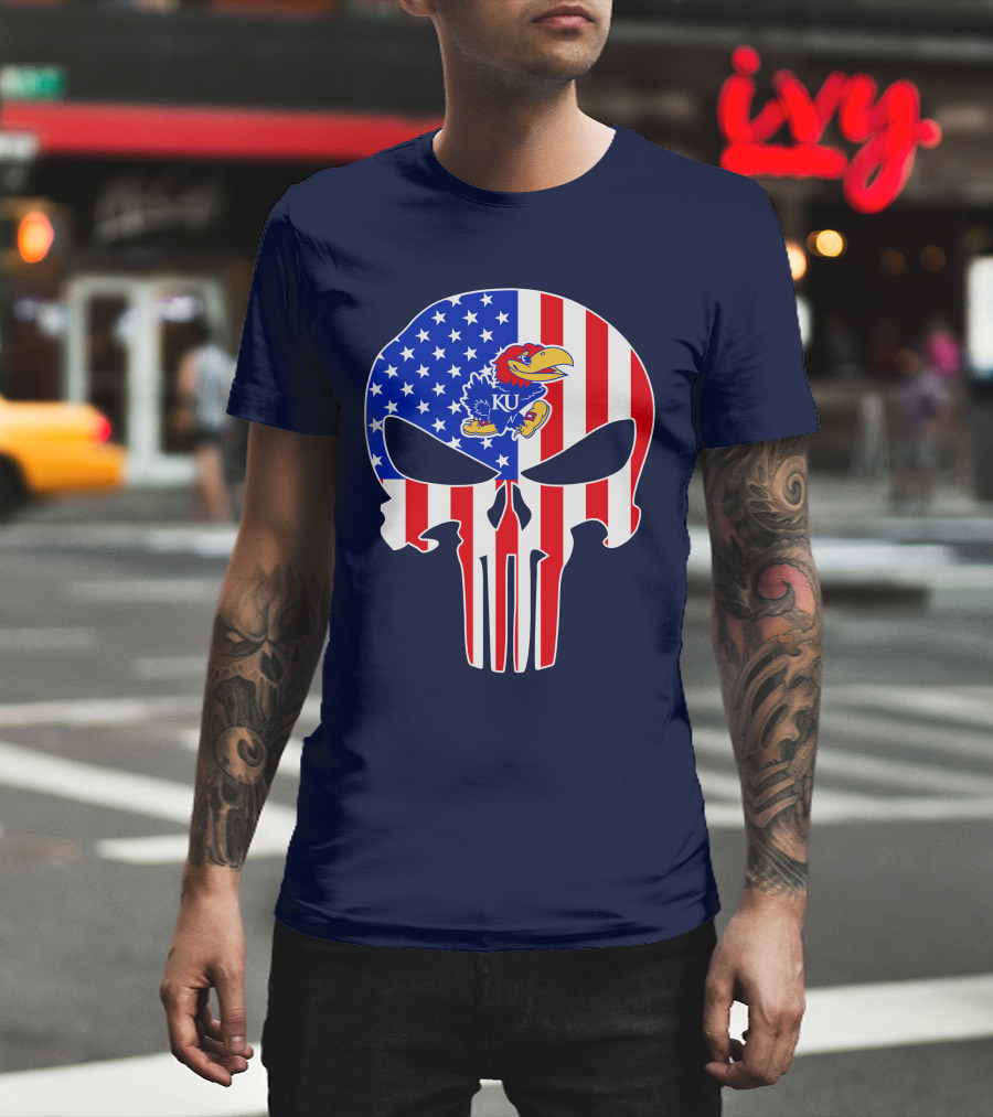 Kansas Jayhawks The Punisher American Flag Skull T-Shirt
