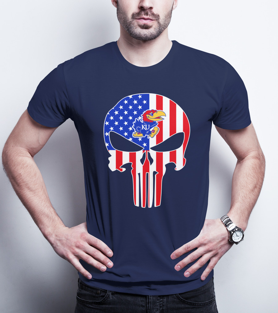 Kansas Jayhawks The Punisher American Flag Skull T-Shirt