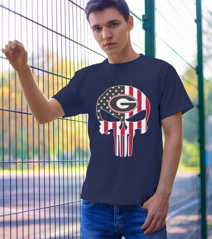 Georgia Bulldogs Punisher Skull American Flag 52 T-Shirt