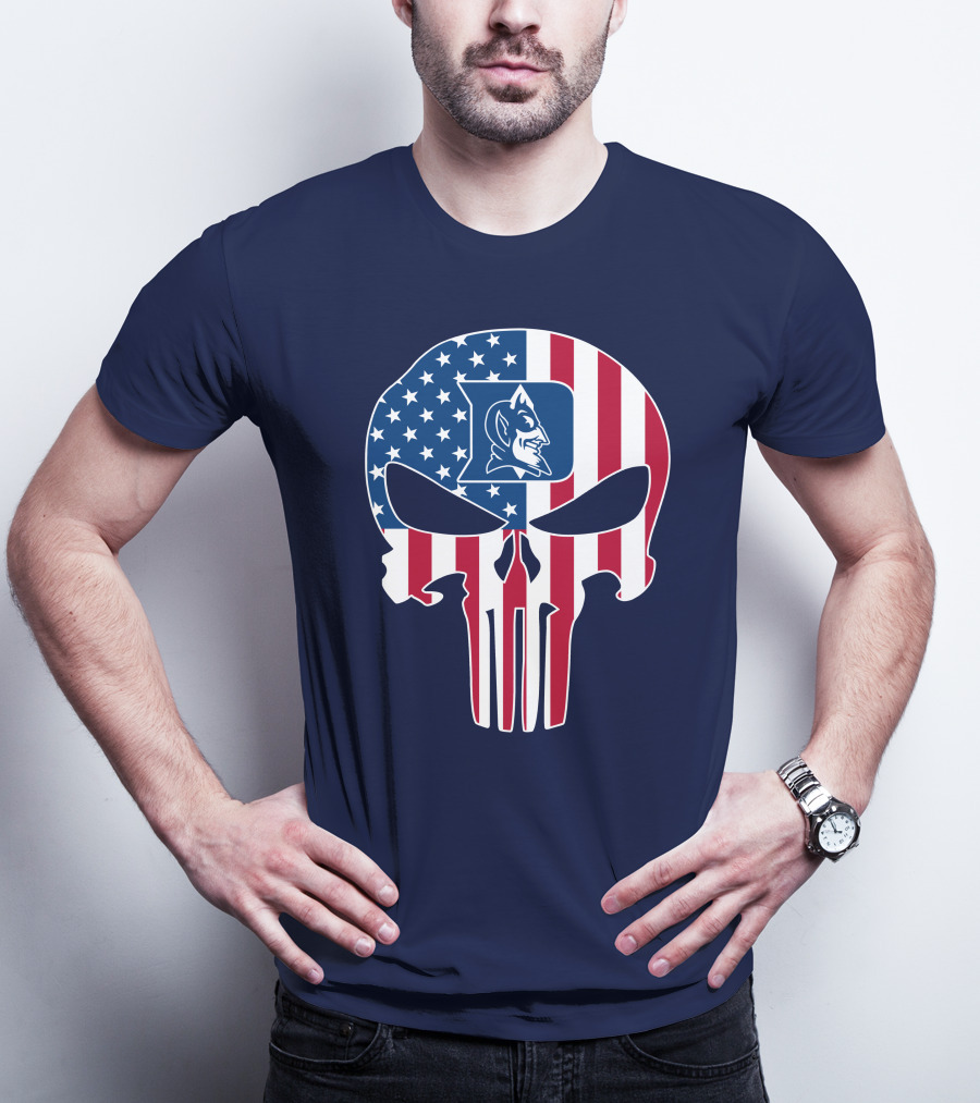 Duke Blue Devils The Punisher American Flag Skull T-Shirt