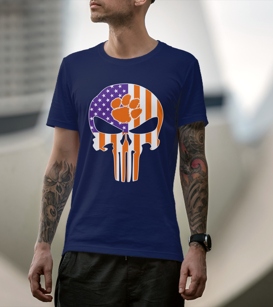 Clemson Tigers The Punisher American Flag Skull Paw T-Shirt