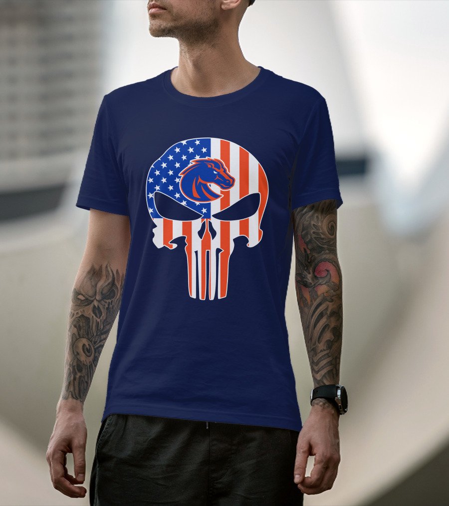 Boise State Broncos The Punisher American Flag Skull T-Shirt