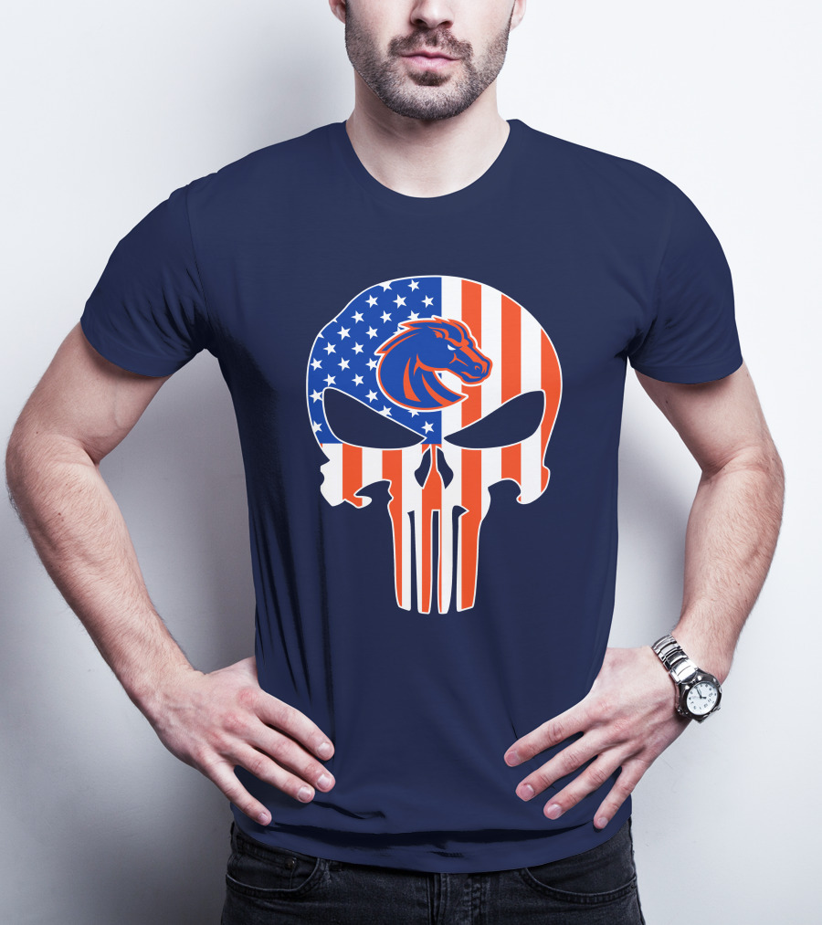 Boise State Broncos The Punisher American Flag Skull T-Shirt