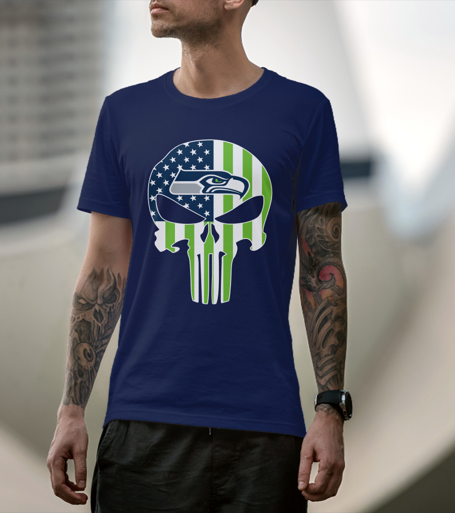 Seattle Seahawks The Punisher Skull American Flag T-Shirt