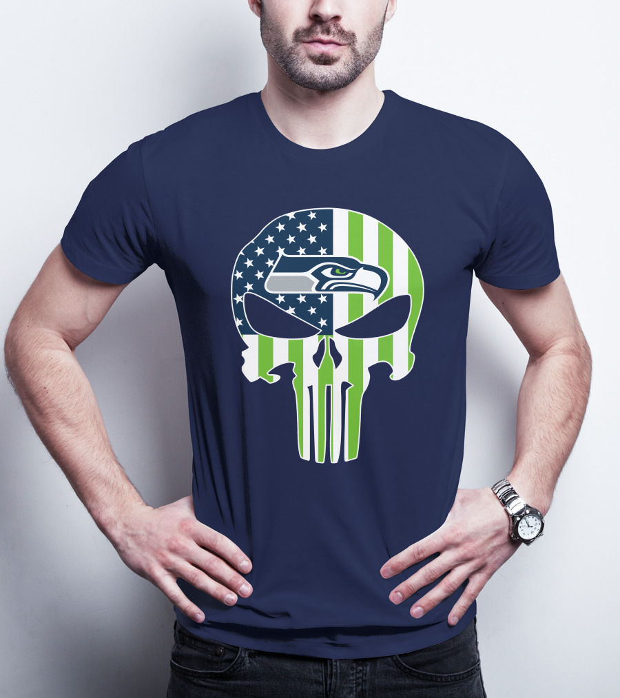 Seattle Seahawks The Punisher Skull American Flag T-Shirt