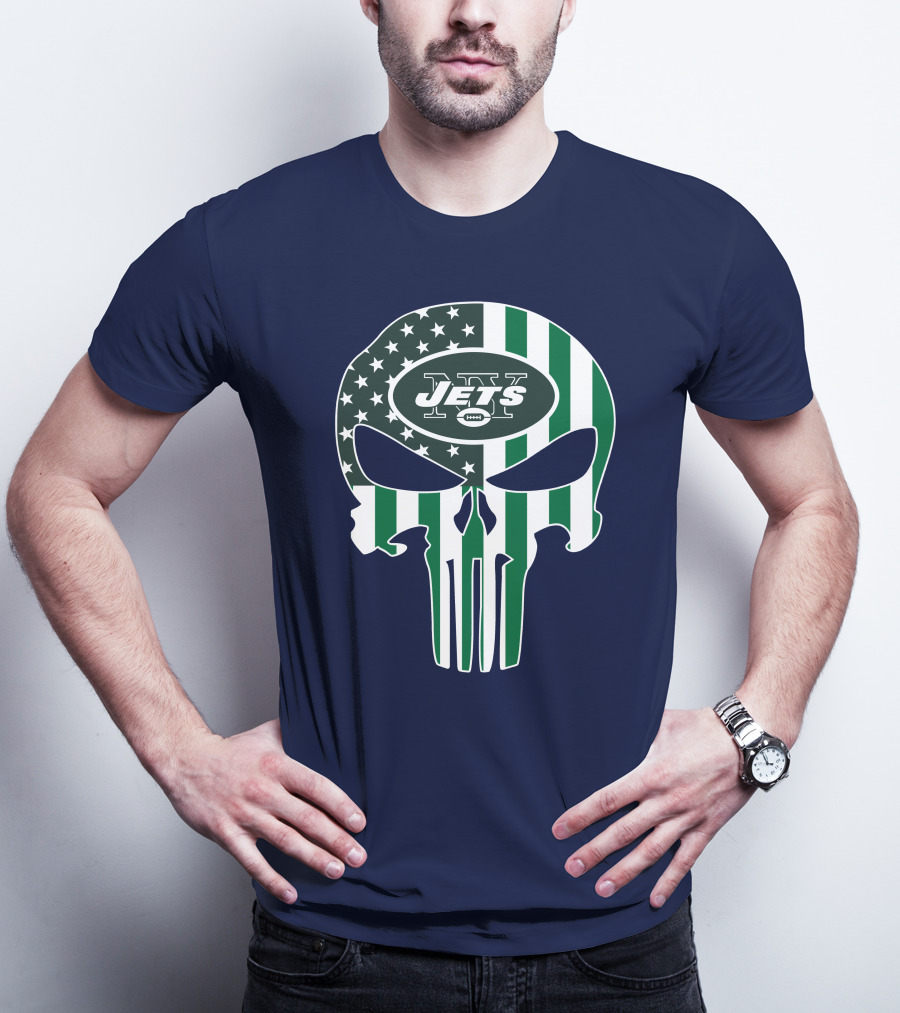 New York Jets Punisher Skull American Flag T-Shirt