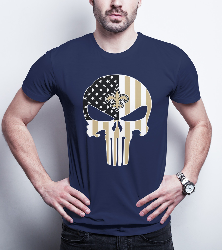 New Orleans Saints The Punisher American Flag Skull Fleur-De-Lis T-Shirt