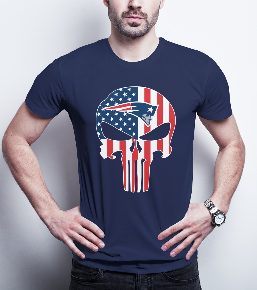 New England Patriots Punisher Skull American Flag T-Shirt