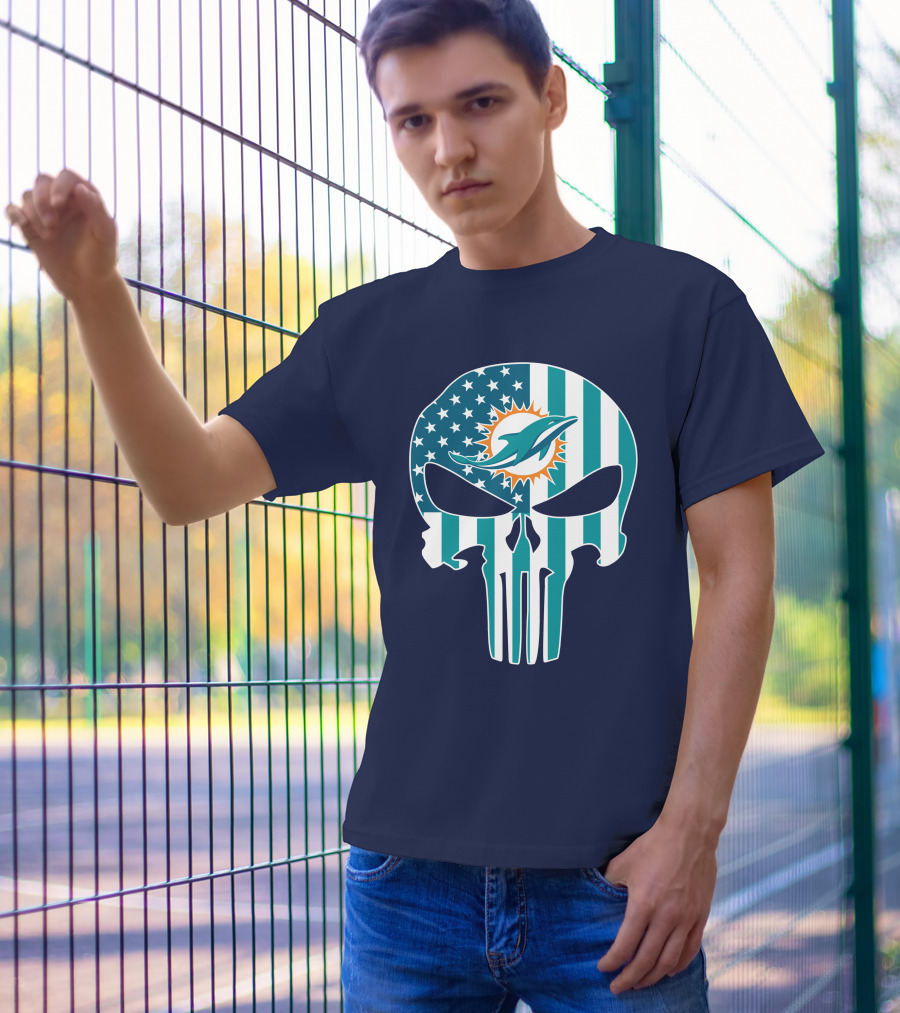 Miami Dolphins The Punisher American Flag Skulls T-Shirt