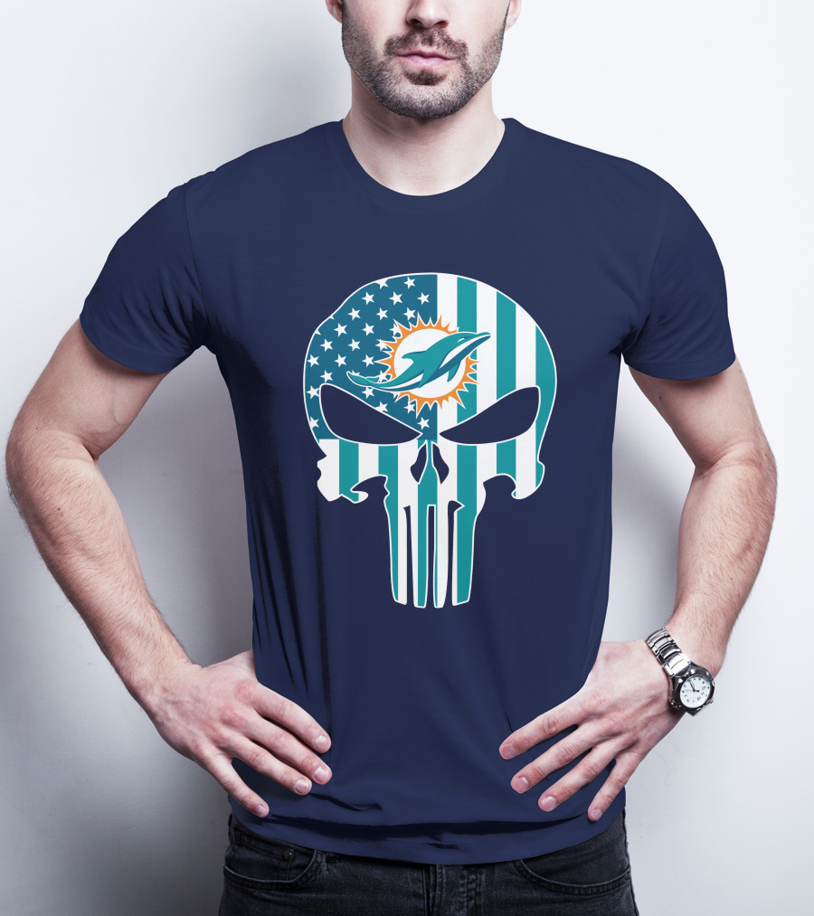 Miami Dolphins The Punisher American Flag Skulls T-Shirt