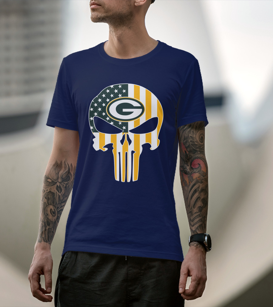 Green Bay Packers The Punisher American Flag Skull T-Shirt