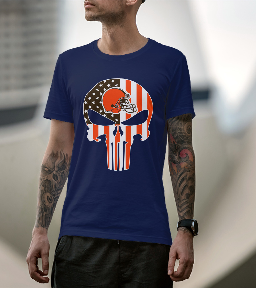 Cleveland Browns The Punisher American Flag Helmet Skull T-Shirt