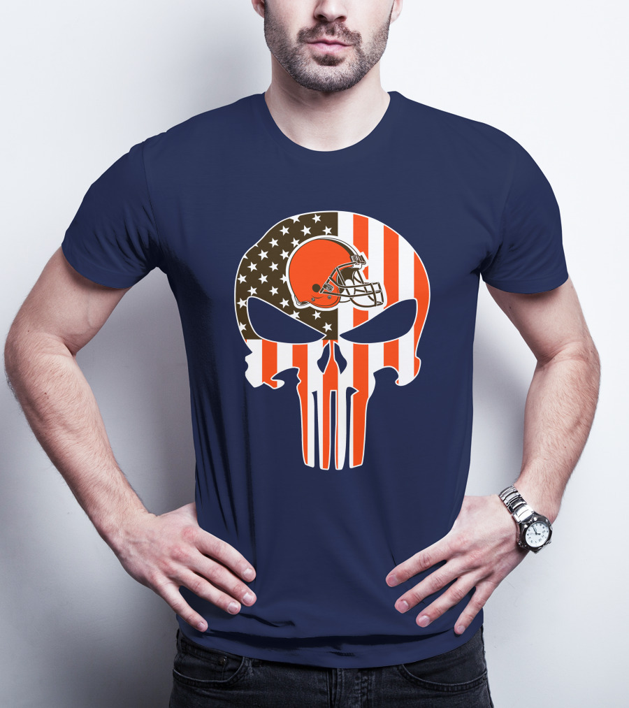 Cleveland Browns The Punisher American Flag Helmet Skull T-Shirt