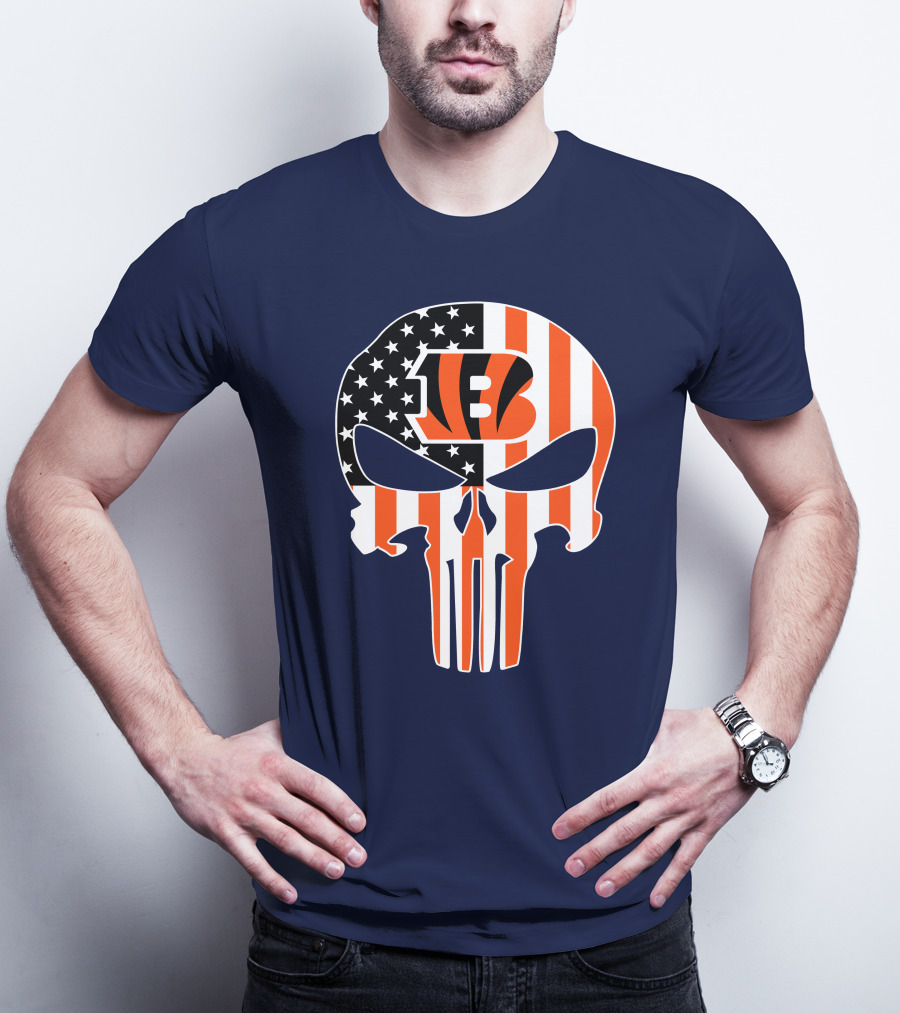Cincinnati Bengals Skull Logo American Flag T-Shirt