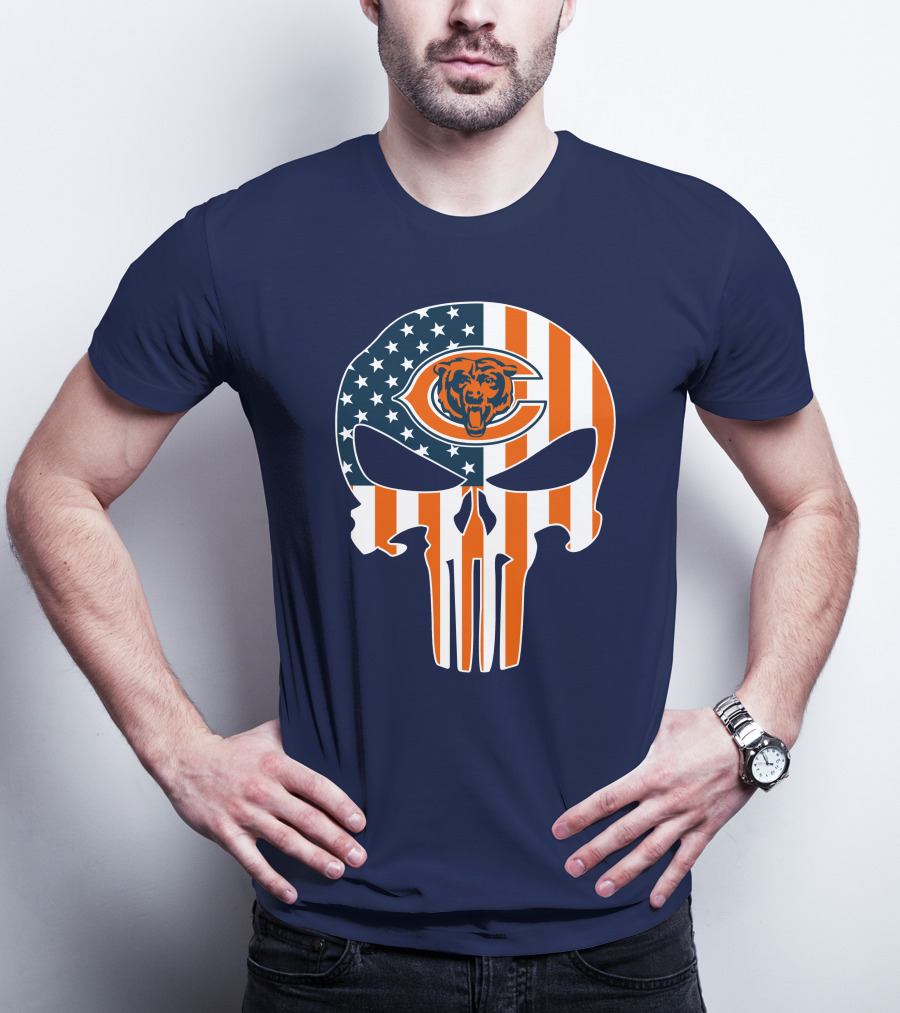 Chicago Bears The Punisher Skull American Flag T-Shirt